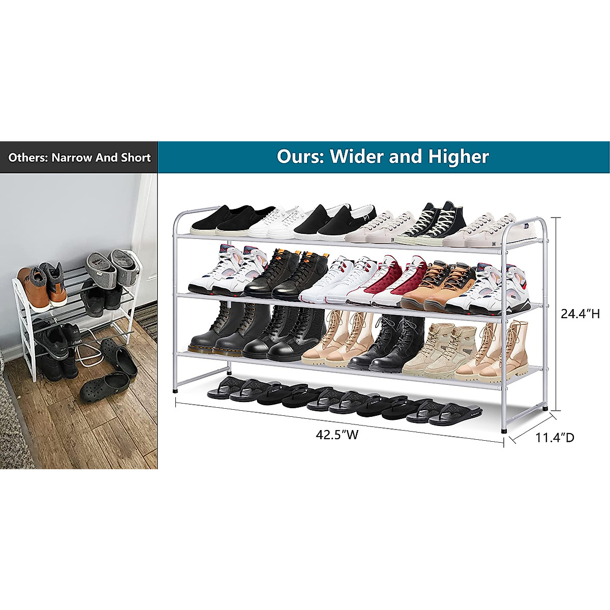 AOODA 3 Tier Long Shoe Rack for Closet Floor Wide Stackable Sneaker Shelf 24-Pairs Fabric Shoe Storage Organizer for Bedroom (Gray)