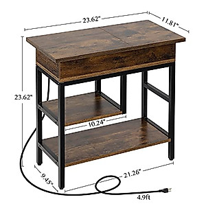 Hadulcet Side Table with USB Ports and Outlets, Narrow Sofa End Table with Storage Shelf for Small Spaces, Bedside Table Nightstand with Charging Station Rustic Brown