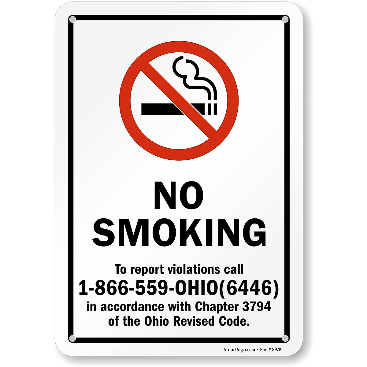 SmartSign 10 x 7 inch “No Smoking - to Report Violations Call 1-866-559-Ohio(6446) in Accordance with Chapter 3794” Ohio State Sign, Digital Printing, 55 mil HDPE Plastic, Red, Black and White