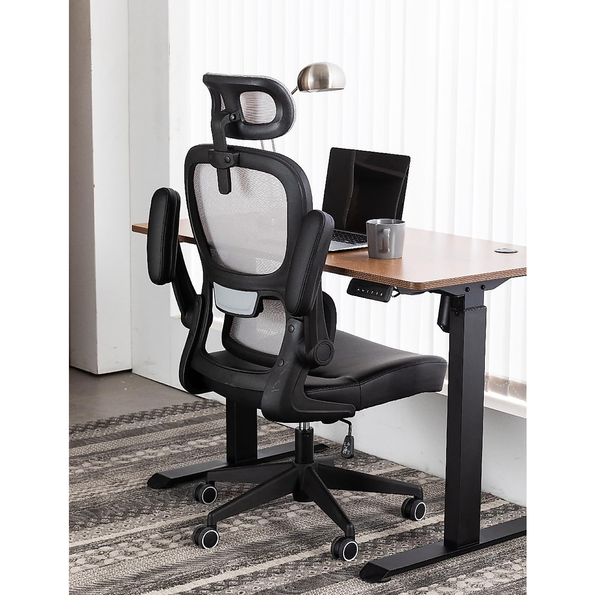 Ergonomic Mesh Office Chair High Back Desk Chair for Big and Tall People Adjustable Headrest with 2D Armrest Lumbar Support and PU Wheels Swivel Tilt Function Black (Black/Grey with Nylon Base)
