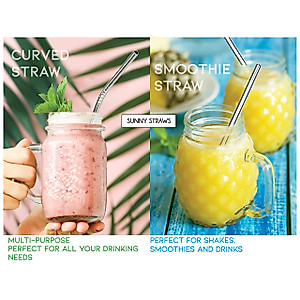 Sunny Straws Re usable Ultra-Long Stainless Steel Straw Set Including (2) Brushes & (1) Linen Pouch - PERFECT FOR COLD DRINKS AND TUMBLERS (Silver)