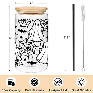 Lovearth 16oz Halloween Ghost Glass Tumbler, Spider Web Halloween Glass Cup with Lid and Straw, Cute Halloween Bats Cup, Spooky Gifts, Boo Basket Stuffers for Women, Gifts for Halloween Lovers