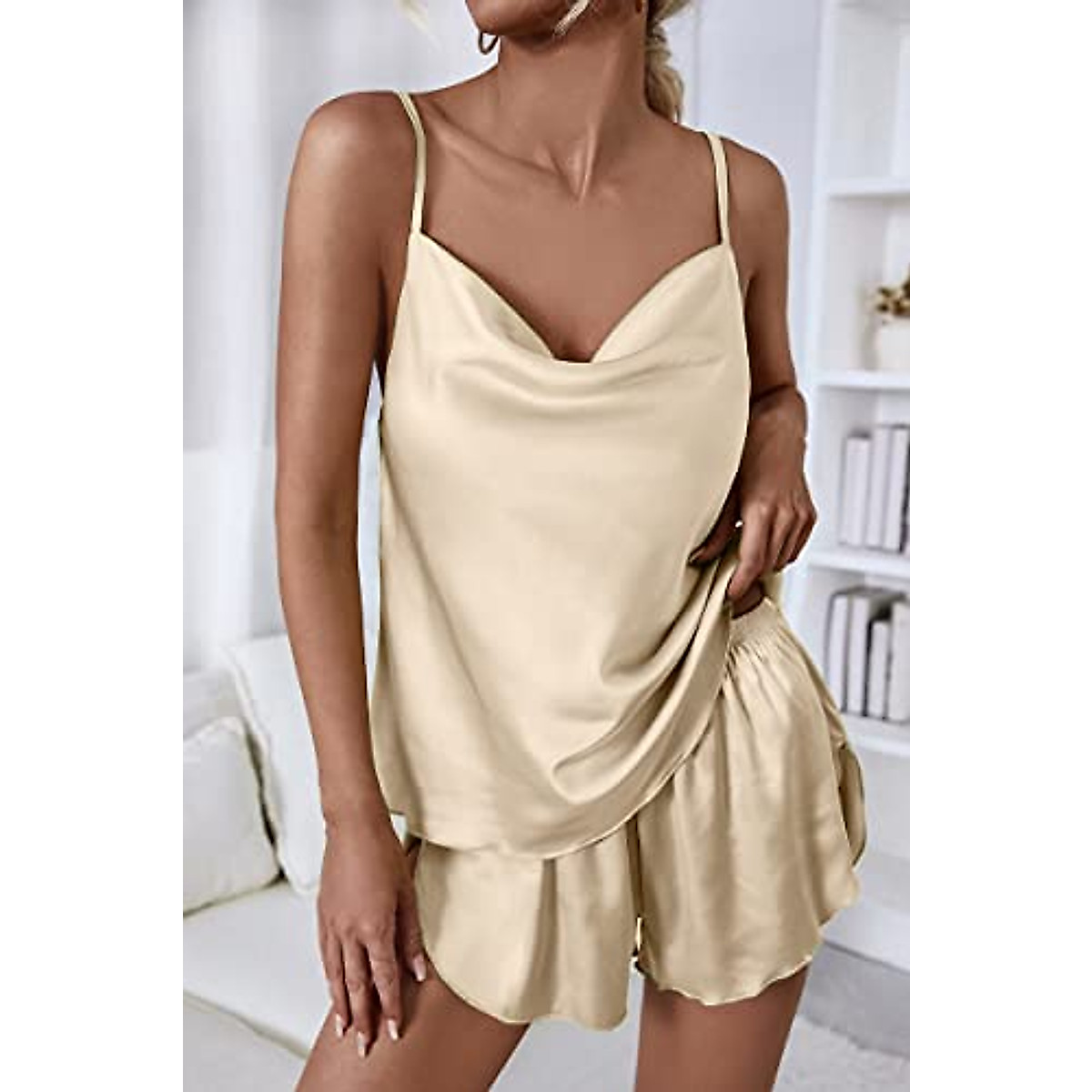 CHYRII Satin Pajamas for Women Sexy Silk Cowl Neck Cami Shorts PJ Sets Lingerie Nightwear Ivory L