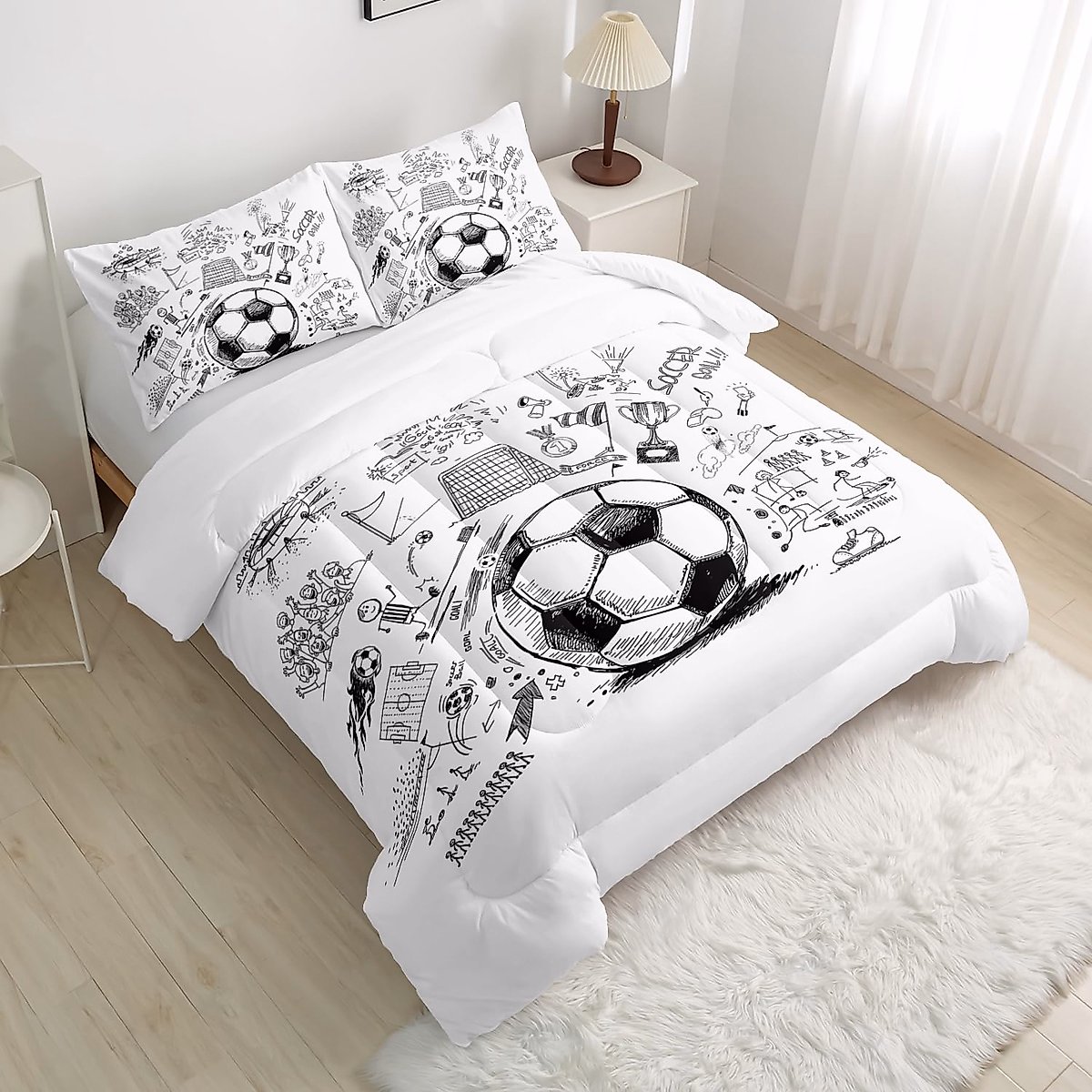 Nttopship Soccer Bedding Comforter Set Queen Size for Kids Teens and Adults Football Printed Quilt Set for Bedroom Soft Microfiber All Season Print Quilt Set with 1 Comforter and 2 Pillowcases