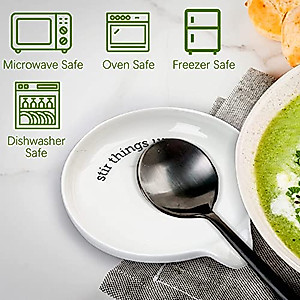 LotFancy Spoon Rest, Ceramic Spoon Holder for Kitchen Counter, Spatula Holder for Stove Top, Large Utensil Rest for Ladle, Teaspoon, 5.2Inch, White（Stir things up)