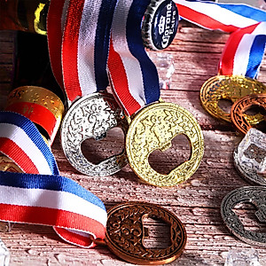 Honeydak Medal Shaped Flat Bottle Opener Winner Award Metal Wine Beer Opener Gold Silver Copper Medal Olympic Trophy Opener with Neck Ribbon for Bar Bartender Men Kitchen Restaurant Party (18 Pieces)