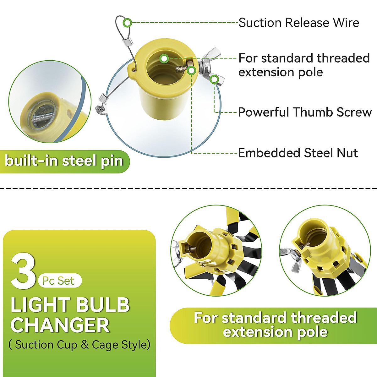 Dreyoo 3 Piece Set Light Bulb Changer, Standard Incandescent Bulb, Floodlight Bulb Changer and Suction Cup Light Bulb Changer Compatible with Standard Threaded Extension Pole (Pole Not Included)