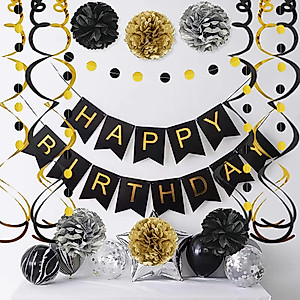 Black Gold Birthday Decorations, Happy Birthday Banner with Pom Poms Paper Triangle bunting Garland Swirl Streamers for Boys Men Party Supplies