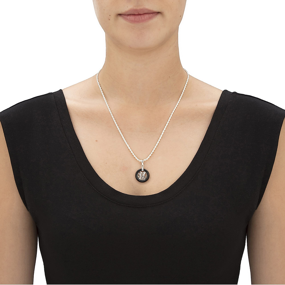 PalmBeach Sterling Silver Round Genuine Black Jade Fortune Pendant (18mm)