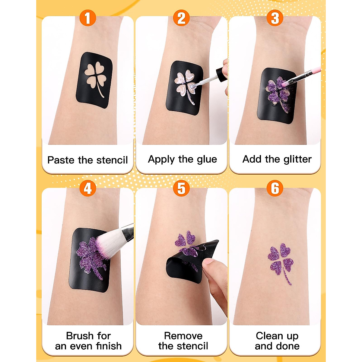 Lictin Glitter Tattoo Set - 24pcs Cosmetic Glitter Tattoo Set Tattoo Stencils Glitter Tattoos Temporary Tattoo Template Set with 117 Stencils, 2 Glue, 5 Brushes