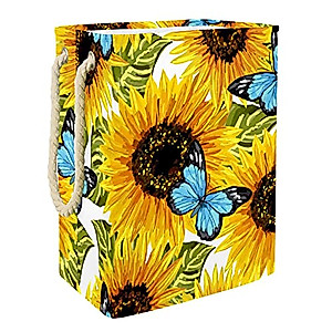 Inhomer Hand Painted Sunflowers Blue Butterfly Large Laundry Hamper Waterproof Collapsible Clothes Hamper Basket for Clothing Toy Organizer, Home Decor for Bedroom Bathroom