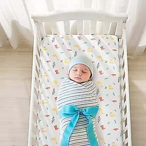 POSENPRO 2 Pack Cotton Pack N Play Sheets, Mini Portable Crib Sheets Set Fitted for Pack N Play Mattress Pad and Mini Cribs - Dinosaurs, Rainbows, Clouds & Monsters