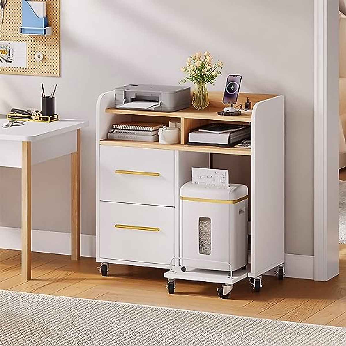 YITAHOME File Cabinet with Charging Station, Printer Table Cabinet for Home Office, Printer Stand Cart, Fits A4, Letter, Legal Size Files, Office Furniture, White