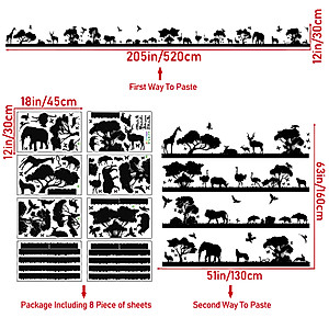 Black Jungle Animals Wall Decals Woodland Wild Animal Wall Stickers Removable Forest Animals Elephant Lion Birds Giraffe Trees Wall Decor for Kids Room Bedroom Living Room Nursery Classroom
