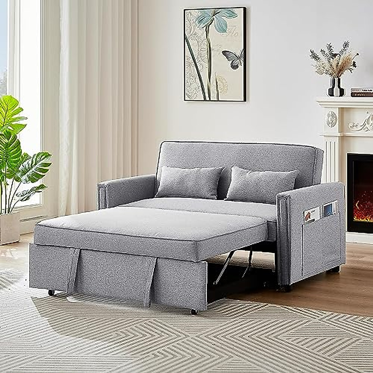 3-in-1 Convertible Upholstered Loveseat Sofa Couch with Pull-Out Sleeper Bed,2-Seat Futon Lounge Recliner Sofá Chair with Adjustable Reclining Backrests,Lumbar Pillows and Side Pockets for Living Room