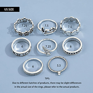 Chmier 8 Pcs Boho Retro Silver Midi Rings Set Flower Band Joint Rings Love Heart Cupid's Arrow Stackable Rings for Women