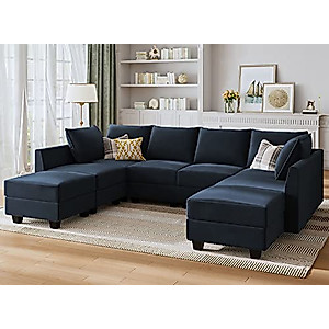 HONBAY Modular Sectional Sofa with Ottoman Oversized U Shaped Couch with Reversible Chaise Velvet Sleeper Modular Sofa Convertible Sectional Couch for Living Room, Dark Blue