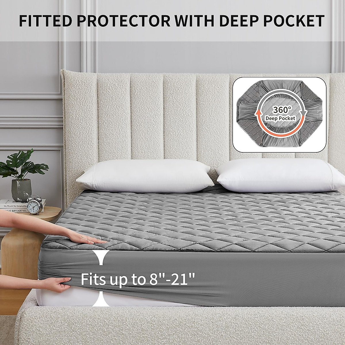 Yinlnpaul Velvet Soft Fluffy Mattress Topper Queen Mattress Pad, Breathable&Noiseless Mattress Protector, Queen Mattress Cover Fitted 18 Inches Deep Pocket (Queen,Gray)