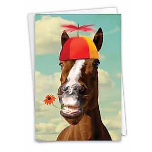 NobleWorks - 1 Happy Birthday Card with Funny Animals - Wildlife and Pet Humor, Fun Birthday Celebration Notecard - Horse Around C9304BDG
