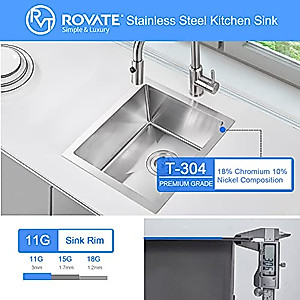 Bar Sink, ROVATE 15 x 17 inch Undermount Bar Sink, Handmade Single Bowl T-304 Stainless Steel Small Kitchen Sink with Strainer