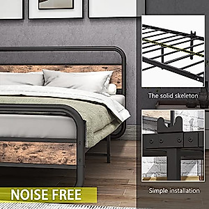 Albearing Queen Size Bed Frame with Wooden Headboard and Footboard, Heavy Duty Oval-Shaped Platform Bed with Under-Bed Storage, Steel Slats Mattress Foundation Round Pipe Design，Brown