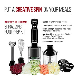 Chefman Electric Spiralizer & Immersion Blender/Vegetable Slicer 6-in-1 Food Prep Combo Kit, Includes 3 Spiralizing Blade Attachments, Zoodle Maker; Grate, Ribbon, Spiral, Blend, Chop, and Puree