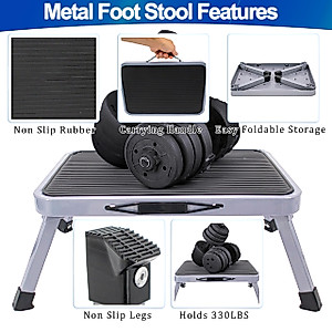 Metal Step Stool - Portable Folding Foot Stool - Non-Slip, Compact, 330lbs Capacity, Heavy Duty One Step Ladder for Kitchen (Black)
