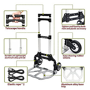 Folding Hand Truck and Personal Dolly, 165lbs Capacity Aluminium Portable Folding Hand Cart with Rubber Wheels and 2 Bungee Cord, Ideal for Home, Auto, Moving, Office, Travel