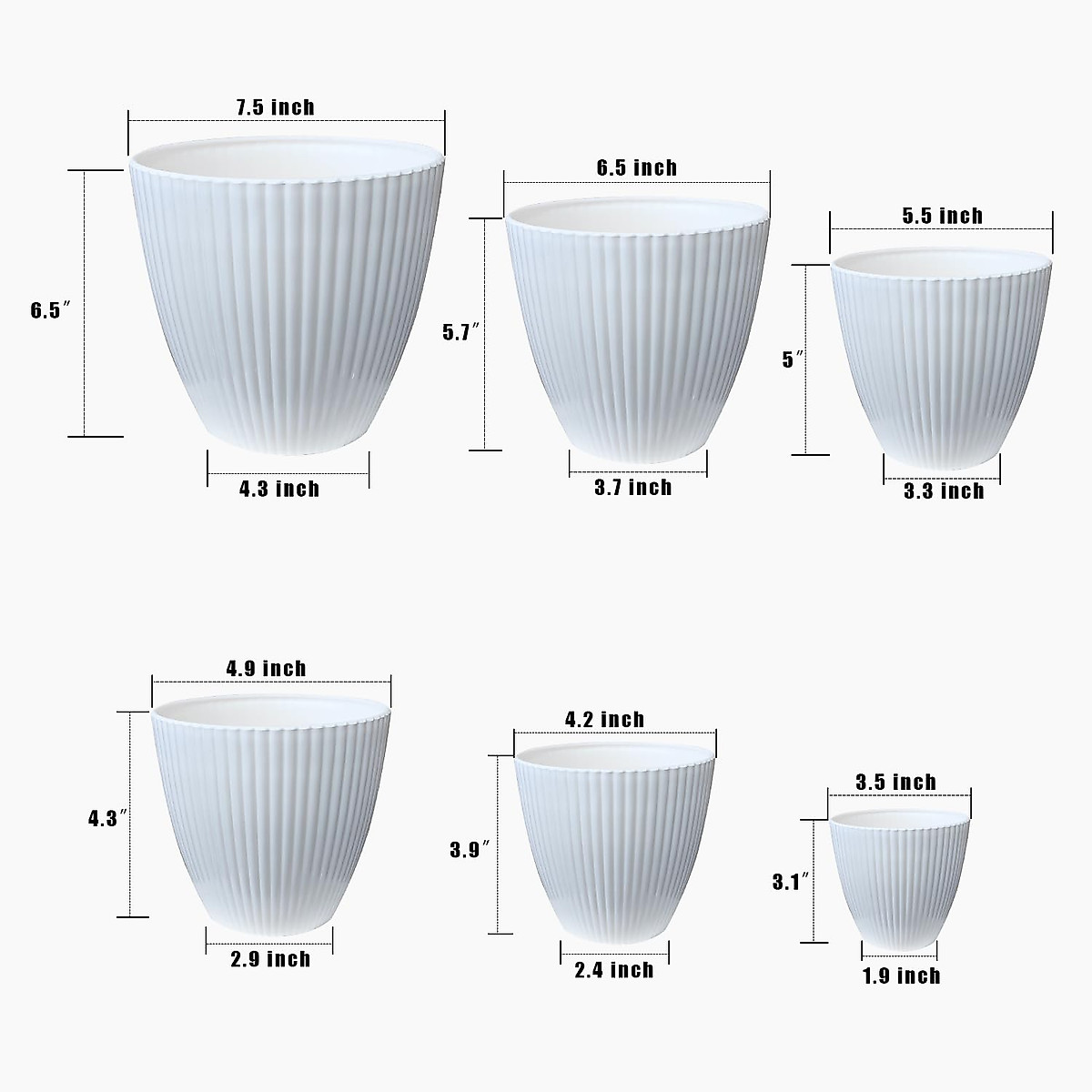 RooTrimmer Plant Planters with Drainage Holes and Trays Pack of 6 Plant Pots 7.5/6.5/5.5/4.9/4.2/3.5 Inches Flowers Pots, White