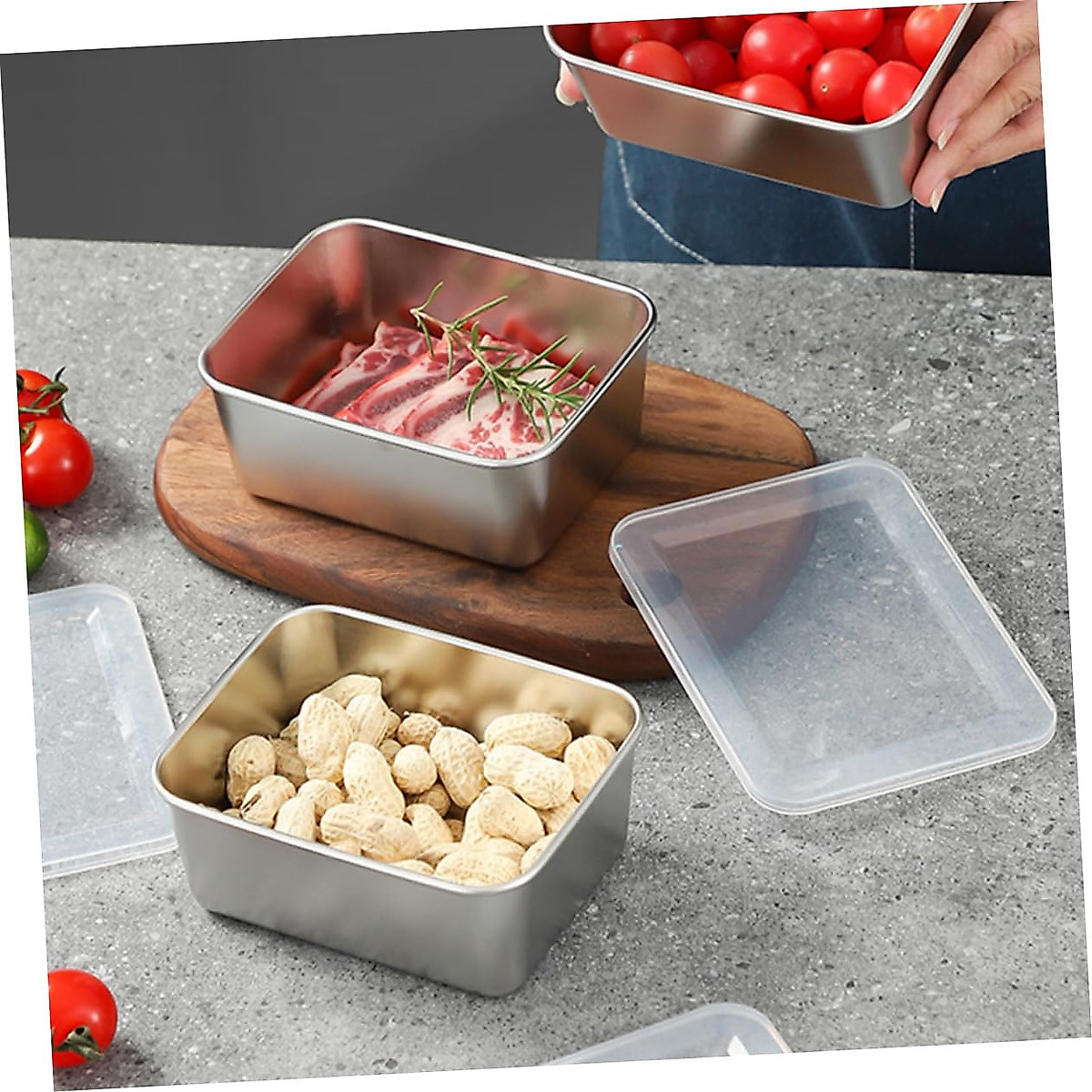 AUTSUPPL 4pcs Boxes Crisper Freezer Meal Prep Container Stainless Bread Lid Portable Refrigerator Fruit Containers for Fridge Keep Fresh Kimchi Container Sealing Food Boxes Stainless Steel