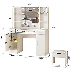 Makeup Vanity Table with Lighted Mirror & Power Strip, Large Vanity Set Vanity Desk with Lots Storage, 3 Lighting Modes, Brightness Adjustable, 45.2in(L)