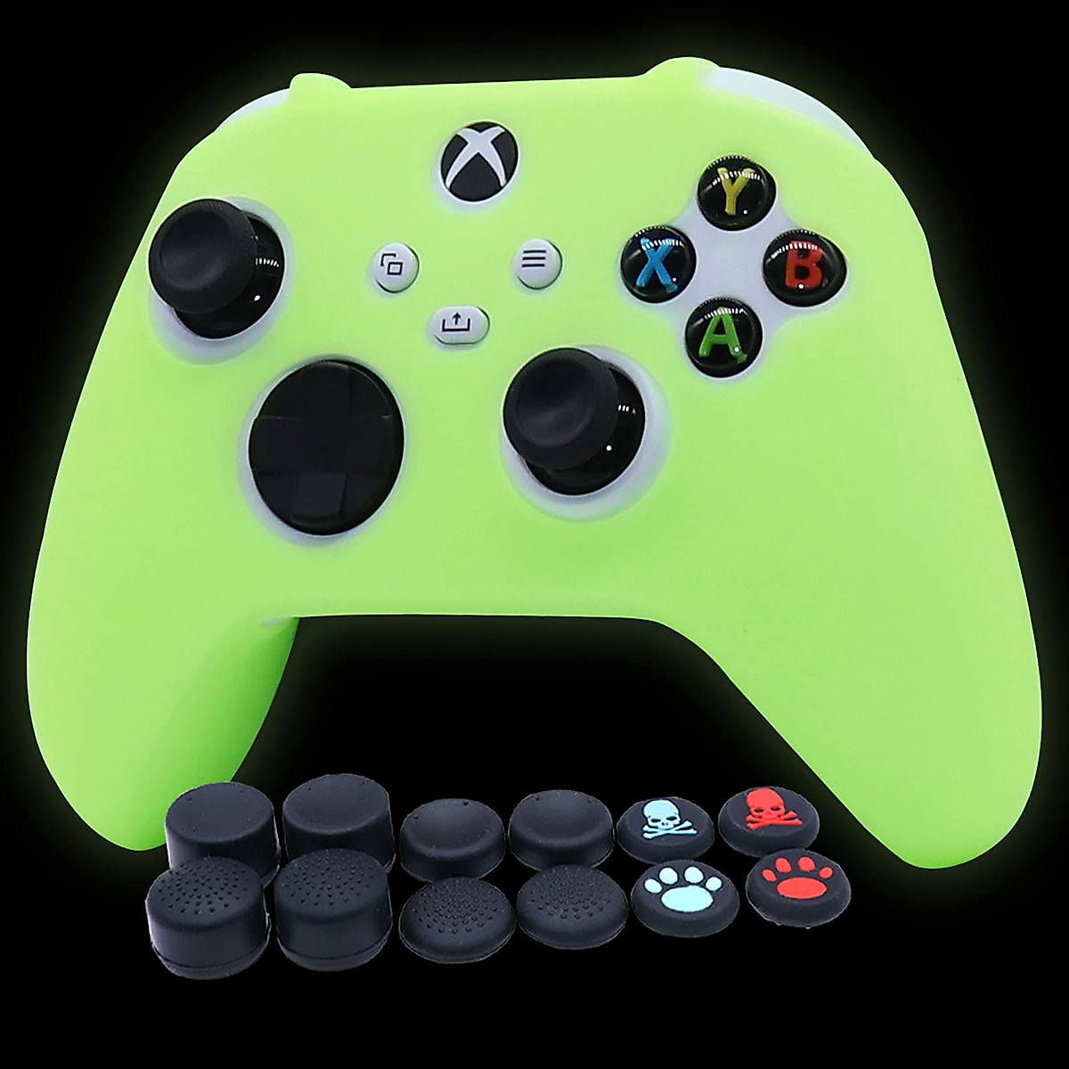 RALAN Controller Cover Silicone, Silicone Controller Cover Skin Protector in Dark Compatible for Xbox Series Controller (Black Pro Thumb Grip x 8,Cat + Skull Cap Cover Grip x 2) (Green)