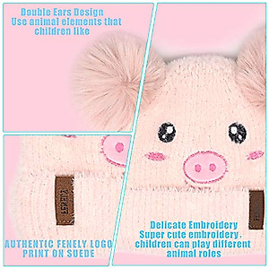 Kids Winter Beanie Knitted Hats for Girls Boys Toddler Baby, Pig Cartoon Animal Faux Fur Double Pom Pom Bobble Warm Soft Fleece Cute Infant Stocking Cap For Children