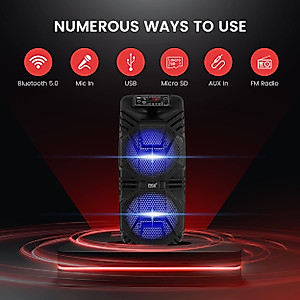 Pyle Bluetooth PA Speaker System - 600W Rechargeable Outdoor Bluetooth Speaker Portable PA System w/ Dual 8” Subwoofer 1” Tweeter, Microphone In, Party Lights, USB, Radio, Remote - Pyle PPHP2836B