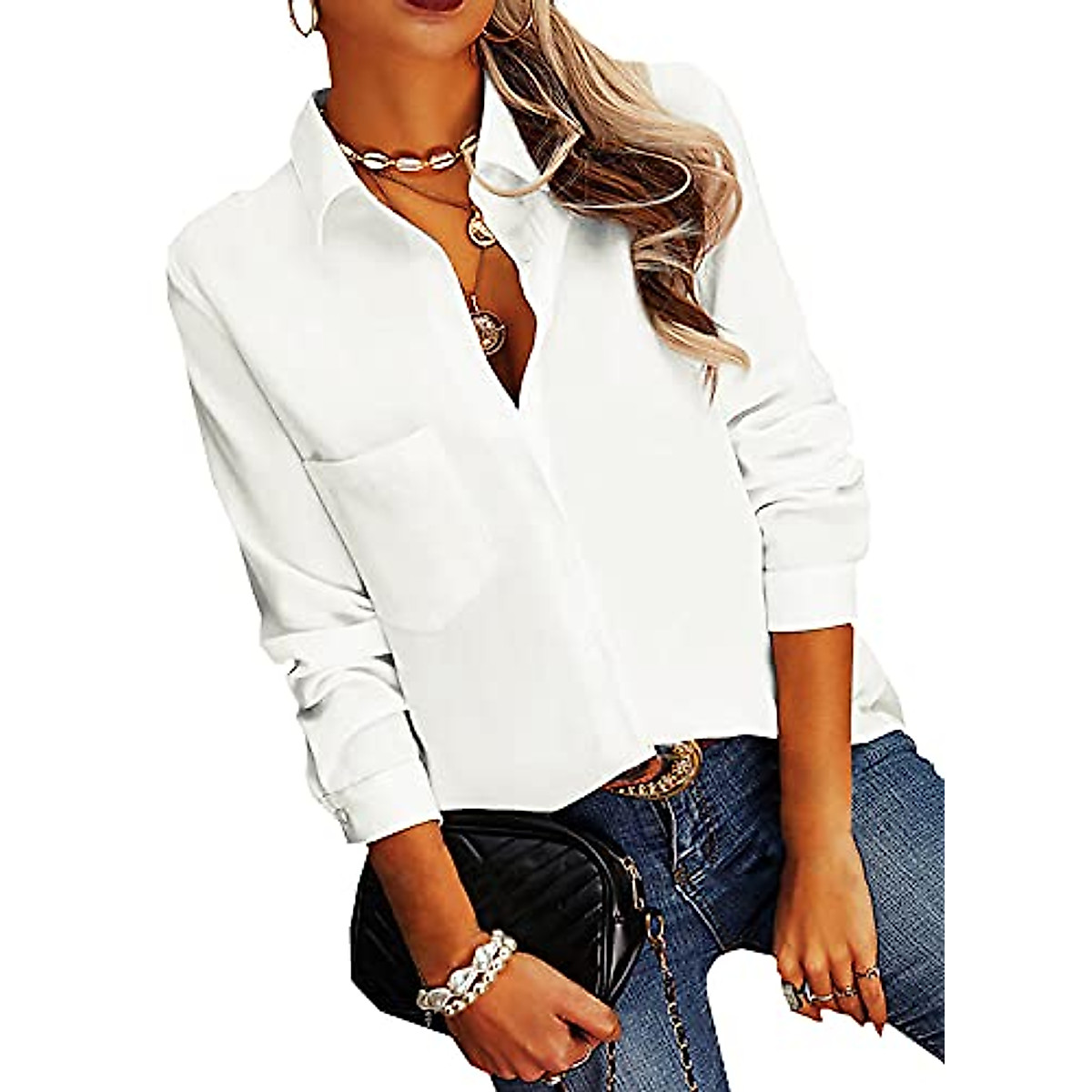 AISEW Womens Casual Button Down Shirts V Neck Chiffon Long Sleeve Collared Office Work Blouses Tops with Pocket (White, Medium)