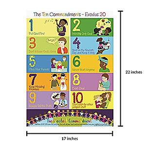 The Ten Commandments Poster For Kids (1, 17" x 22) Bible Posters for Classroom, Church, Sunday School, or Homeschool, Christian Learning Old Testament Decorations