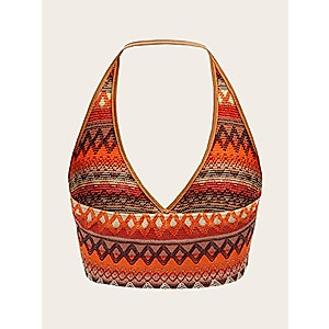 SOLY HUX Women's Boho Y2K Halter Top Chevron Print Backless Club Top Sexy Cami Crop Top for Women Boho Orange M