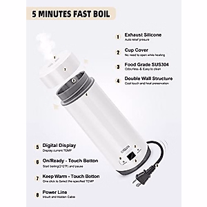 Portable Electric Kettle, Inbuilt ＆ Hidden Cord Upgrade, Travel Electric Water Boiler w/ Current Display, 8 Preset TEMP, Small Capacity Instant Brewing for Tea, Coffee, Milk, On The Go (11.8 Oz)