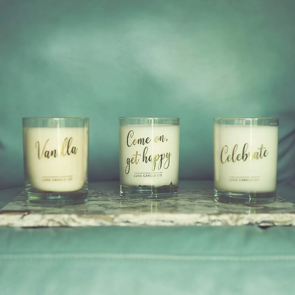 LUNA CANDLE CO. Natural Soy Vanilla Jar Candle, Elegant 11oz. Glass, Slow Burn Up to 110 Hours of Burn Time, Low Smoke, Fresh and Sweet Aromatherapy, Spa- Come On, Get Happy