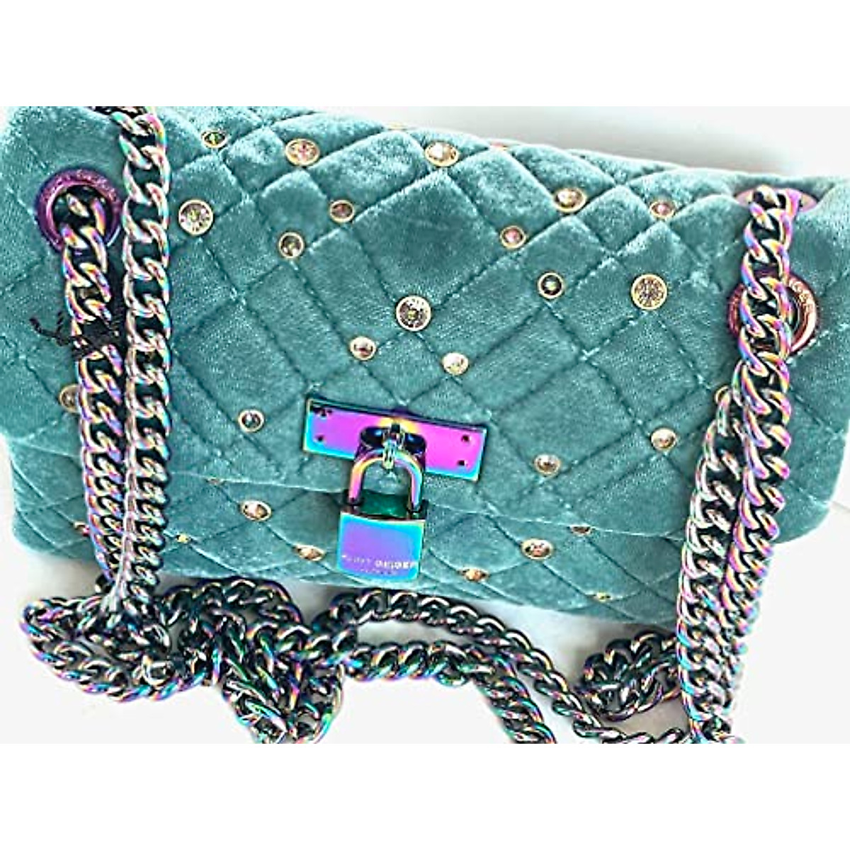 Kurt Geiger Women’s Mini Brixton Lock Crystal Beaded Teal Quilted Crossbody Shoulder Bag