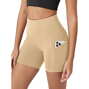 ODODOS 5" Tummy Control Biker Shorts for Women with Pockets High Waist Athletic Workout Yoga Shorts, Beige, X-Large