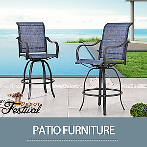 Festival Depot 2pcs Bar Bistro Patio Dining Chairs Textilene High Stools 360° Swivel Chairs with Curved Armrest and Metal Frame Outdoor Furniture for Garden Pool All-Weather (Blue)