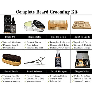 Striking Viking Beard Grooming Kit Includes Caddy, Beard Care Oil and Balm, Beard Shampoo, Wooden Comb, Beard Brush, & Trimming Scissors