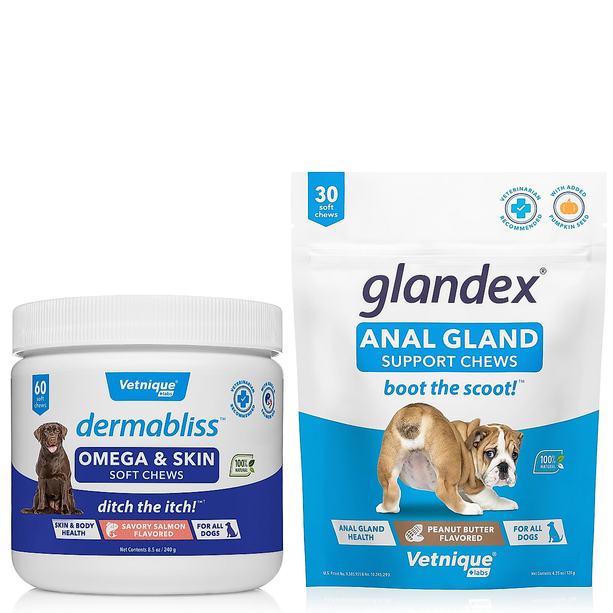 Glandex Anal Gland Support Chews 30 Ct and Dermabliss Omega & Skin Supplement for Dogs 60 Ct Bundle| Peanut Butter, Savory Salmon, Probiotic for Dogs, Itch Relief for Dogs