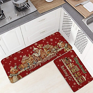 GAGEC Christmas Kitchen Rug Gingerbread Family Red Kitchen Mat Set of 2 Merry Christmas Winter Farmhouse Party Floor Mat for Home Kitchen Bathroom Decorations - 17x27 and 17x47 Inch