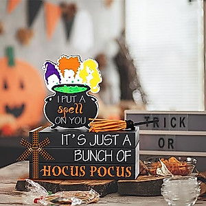 Hocus Pocus Halloween Decorations for Home Indoor - 1 Set of Halloween Wooden Faux Book Stack, 1 Sanderson Sisters Witches Cauldron Sign, 1 Bead Garland & 1 Broom, Halloween Table Tiered Tray Decor