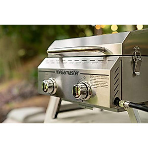 Megamaster Premium Outdoor Cooking 2-Burner Grill, Outdoor Cooking While Camping, Outdoor Kitchen, Patio Garden, Barbecue with Two Foldable legs, Silver in Stainless Steel