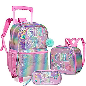 HTgroce 3 in 1 Pink Rolling Backpack for Girls, Kids Roller Wheels Bookbag, PWR Girls Backpack with Wheels Suitcase School, Wheeled School Bag and Lunch Bag & Pencil Case