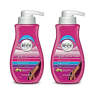 Hair Removal Cream - Veet Legs & Body In Shower Cream Hair Remover, Sensitive Formula with Aloe Vera and Vitamin E, 13.5 fl oz Pump Bottle (Pack of 2)