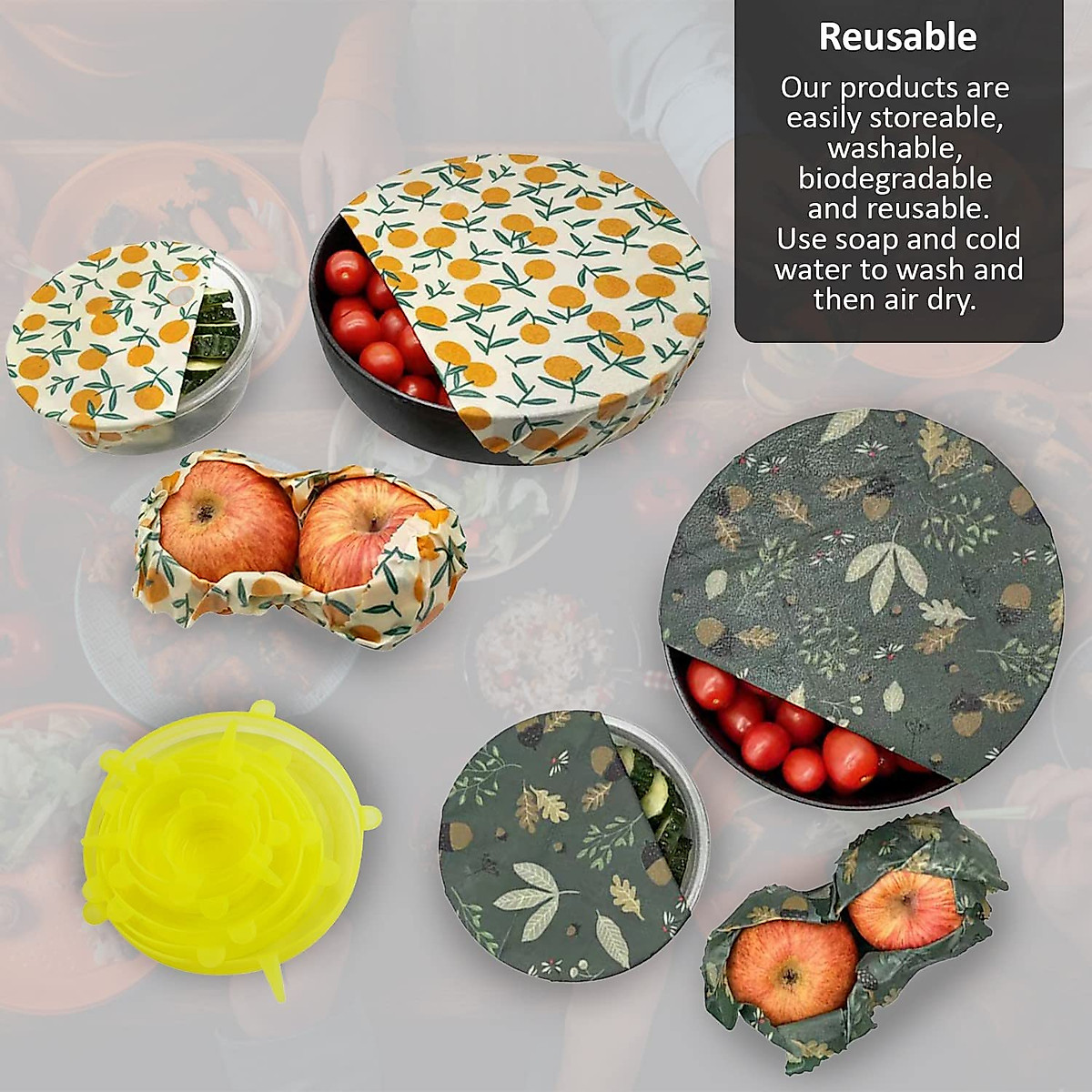 12 Pack - Eco-Friendly, Reusable, & Washable Container Set of Beeswax Food Wraps, Airtight Silicone Lids 6 - Beeswax Wraps, 6 - Silicone Lids